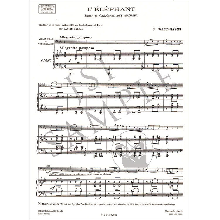 L'Elephant (from Le Carnaval des Animaux), for double bass (or cello ...
