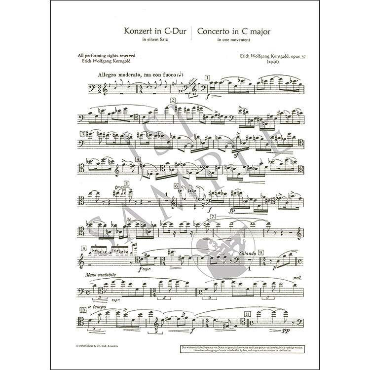 Concerto, opus 37 in C Major for cello and piano; Erich Wolfgang Korngold (Schott Edition ...
