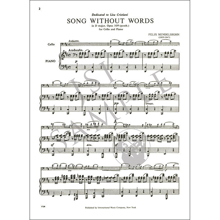 Song Without Words in D Major, Op.109 for cello and piano; Felix ...