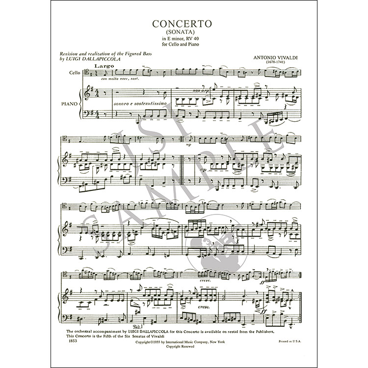 Sonata No. 5 (Concerto) in E minor, RV 40 for cello and piano; Antonio Vivaldi