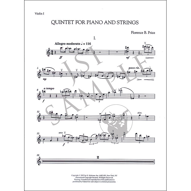 Quintet for Piano and Strings (Piano Quintet No. 2) in E minor, score and parts; Florence Price ...