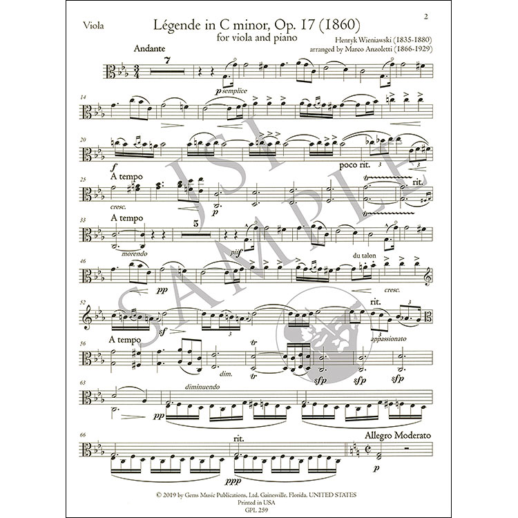 Legende in C minor, Op. 17 for viola and piano (arr. Anzoletti); Henryk ...