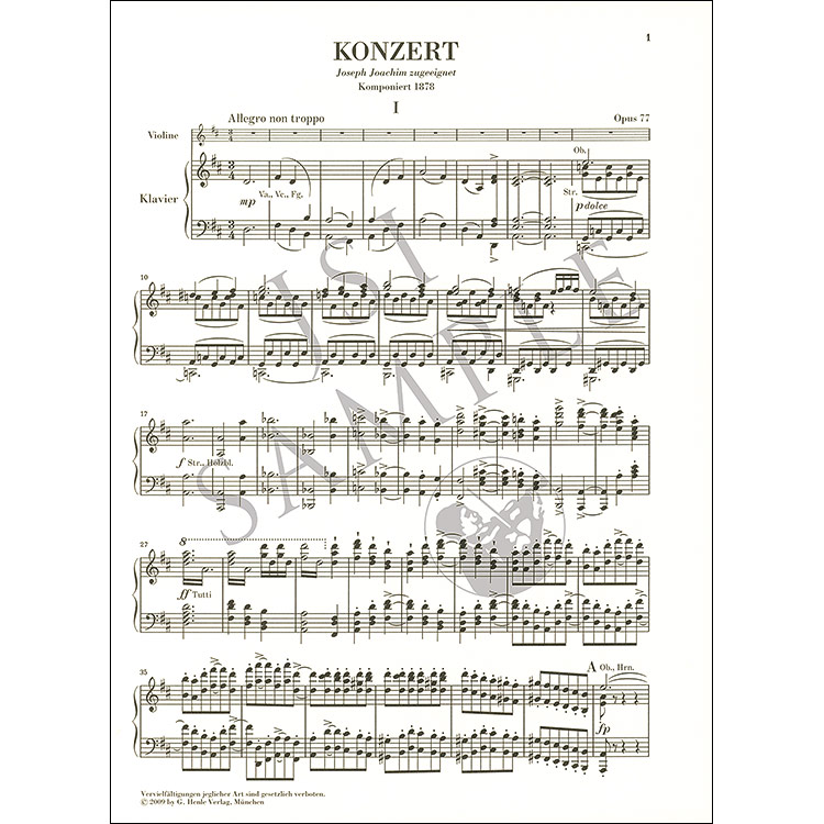 Concerto in D Major, Op. 77, for violin and piano (urtext); Johannes Brahms (G. Henle) | Johnson ...