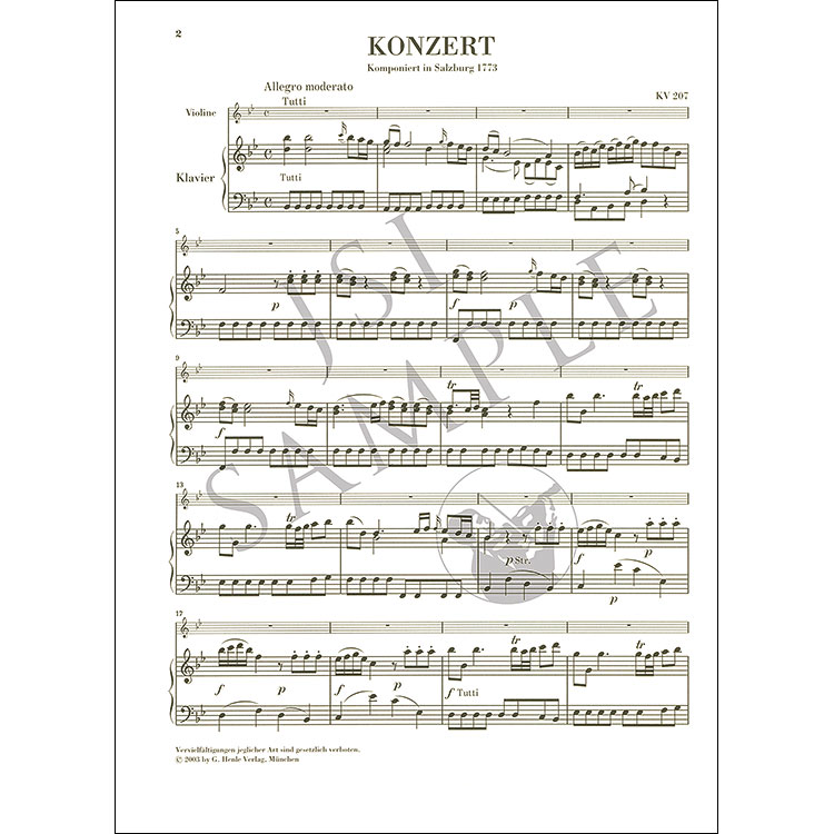 Concerto No. 1 in B-flat Major, K.207 for violin and piano (urtext); Wolfgang Amadeus Mozart