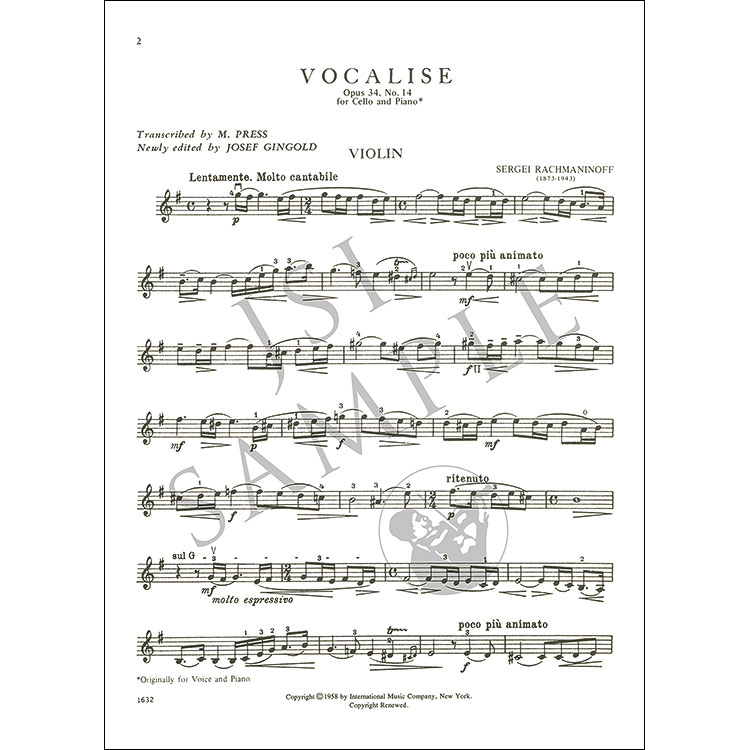 Vocalise, Op. 34, No. 14, for violin and piano (Gingold); Sergei ...