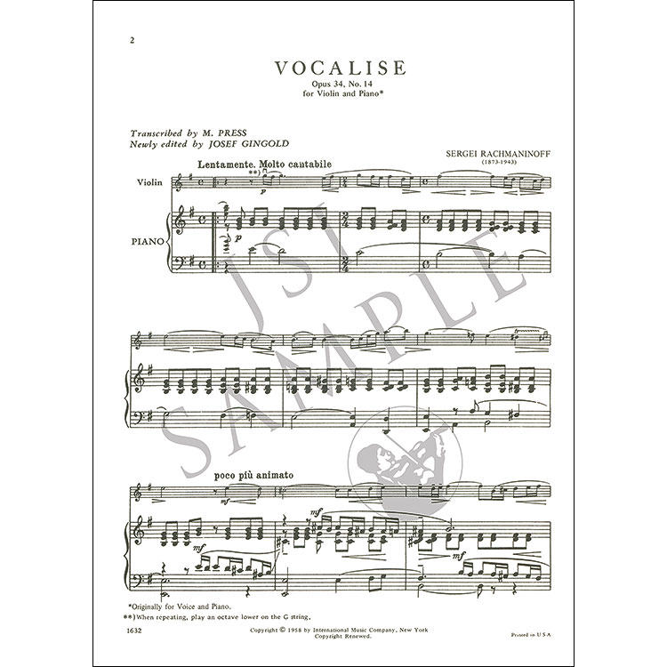 Vocalise, Op. 34, No. 14, for violin and piano (Gingold); Sergei ...