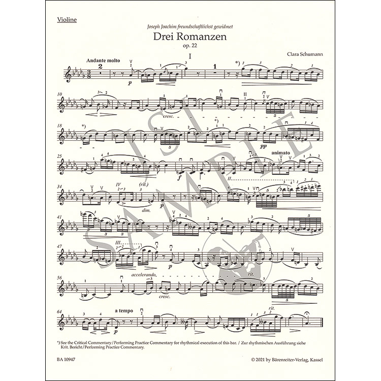 Three Romances, Op.22 for violin and piano; Clara Schumann (Barenreiter ...